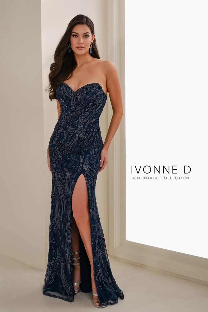 Beaded Fit and Flare Gown with Sweetheart Neckline and Thigh-High Slit