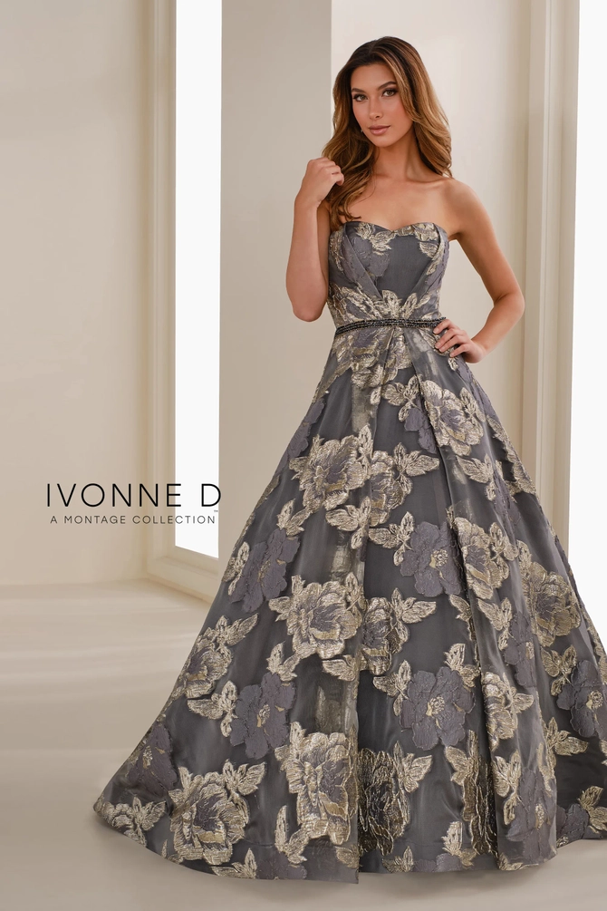 Brocade A-Line Gown with Sweetheart Neckline and Beaded Belt