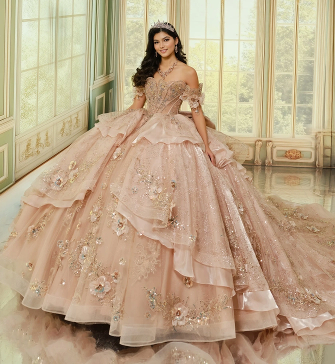 Off-the-Shoulder Sculpted Ball Gown with 3D Organza Flowers & Cracked ...