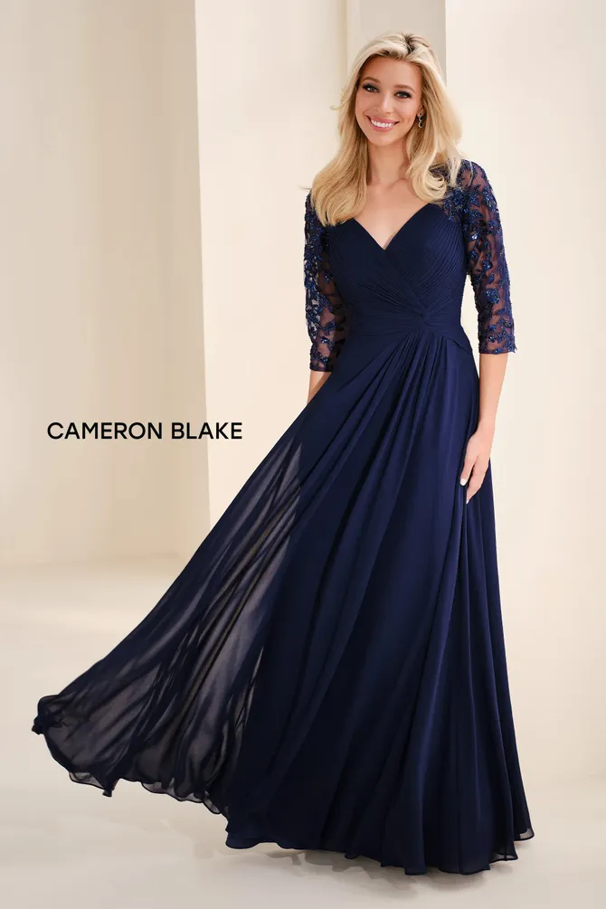 Chiffon A-Line Gown w/ Semi-Sheer Sleeves