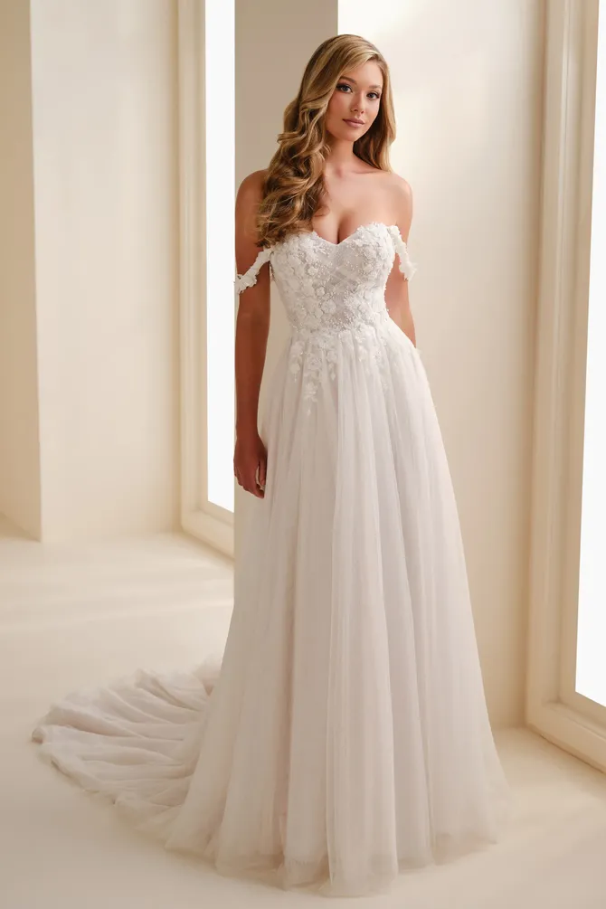 A-Line Wedding Dress w/ Floral Draped Off-The-Shoulder Straps