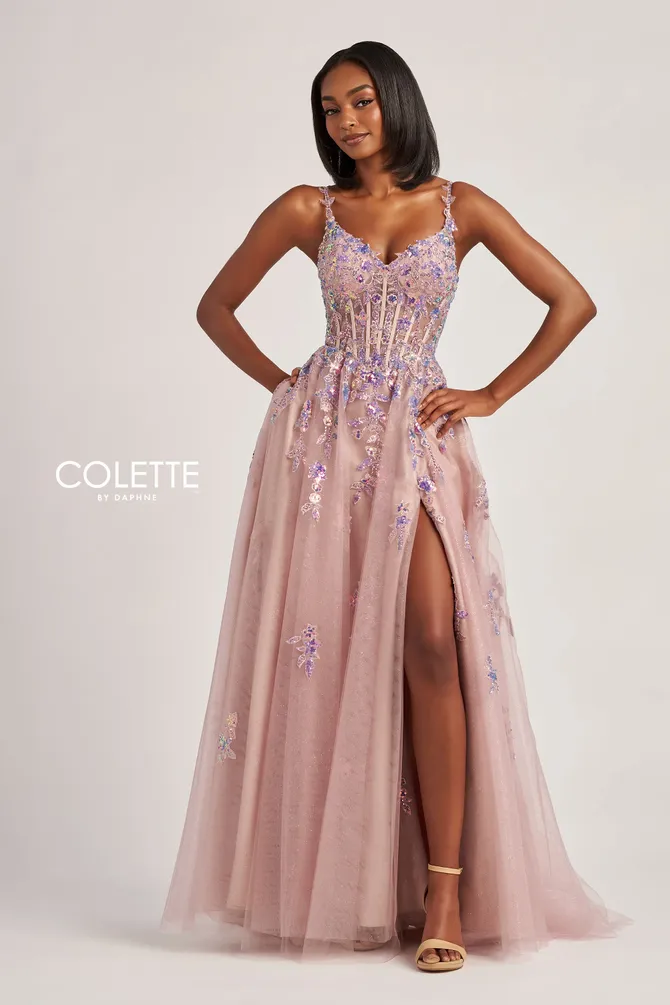 Glitter Tulle & Lace A-Line Prom Dress w/ Daring Slit & Corset Bodice